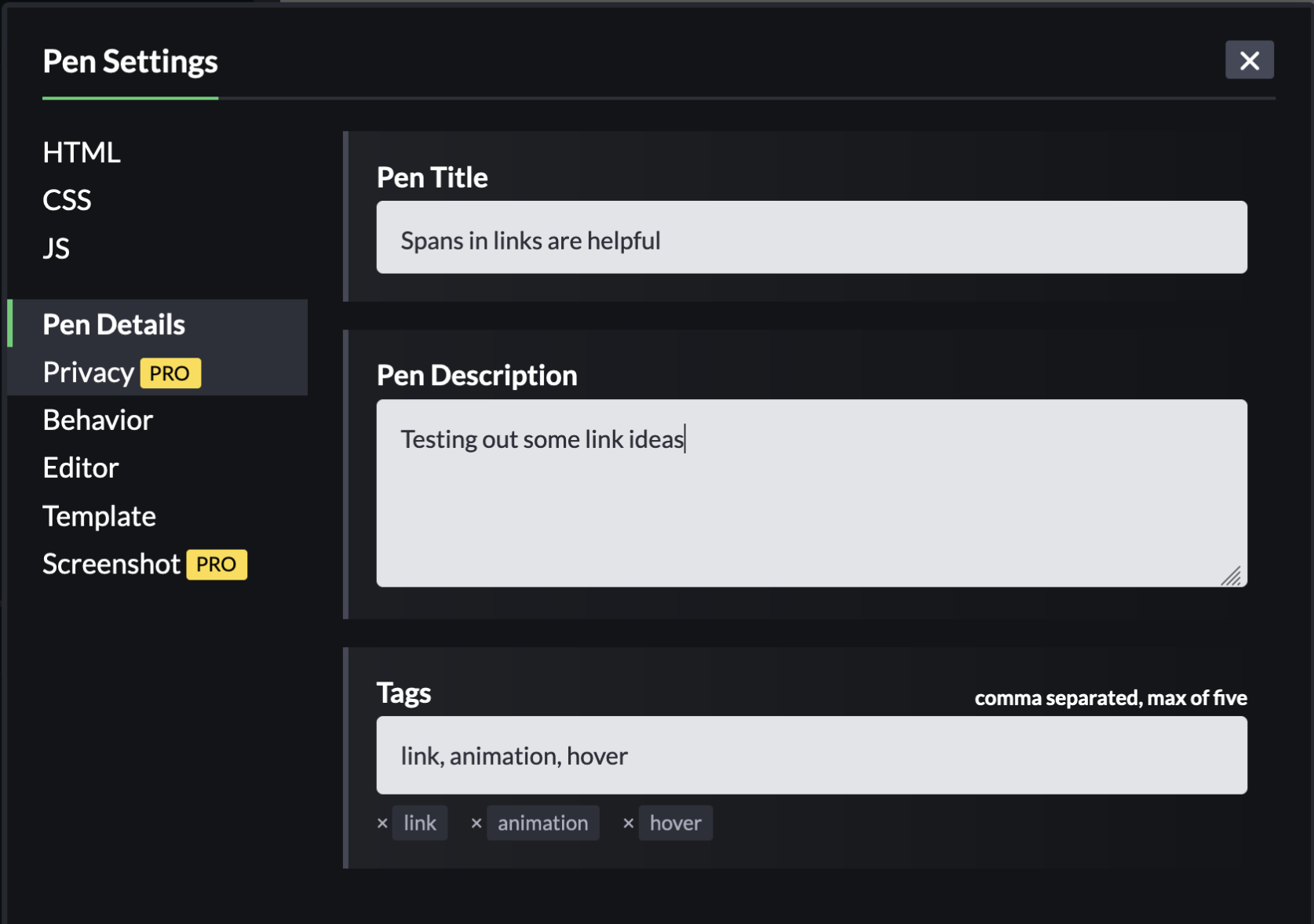 CodePen Settings